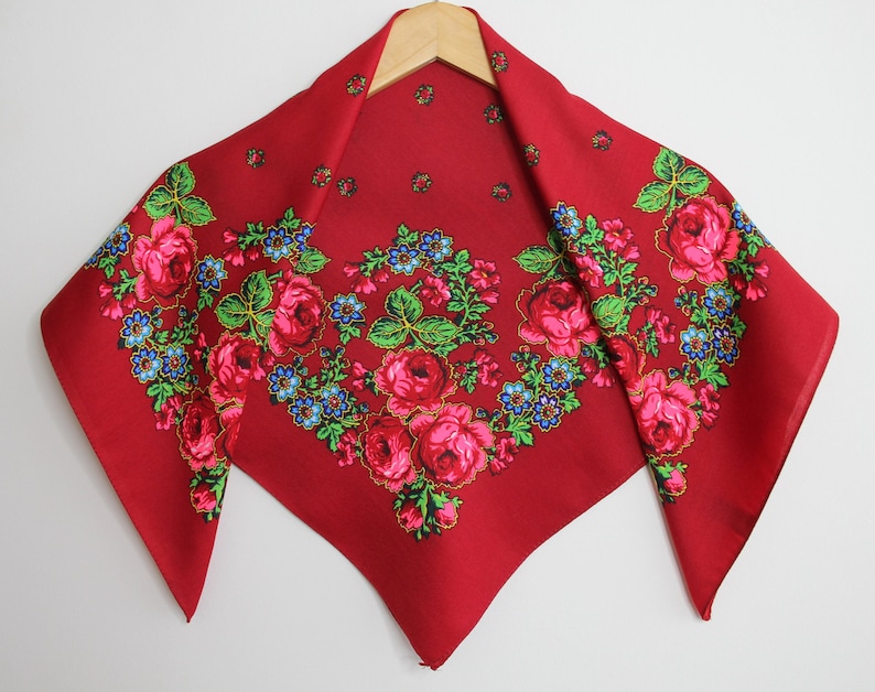 Ukrainian Shawl, Red Slavic Babushka Floral Scarf, Ethnic Folk Shawl ...