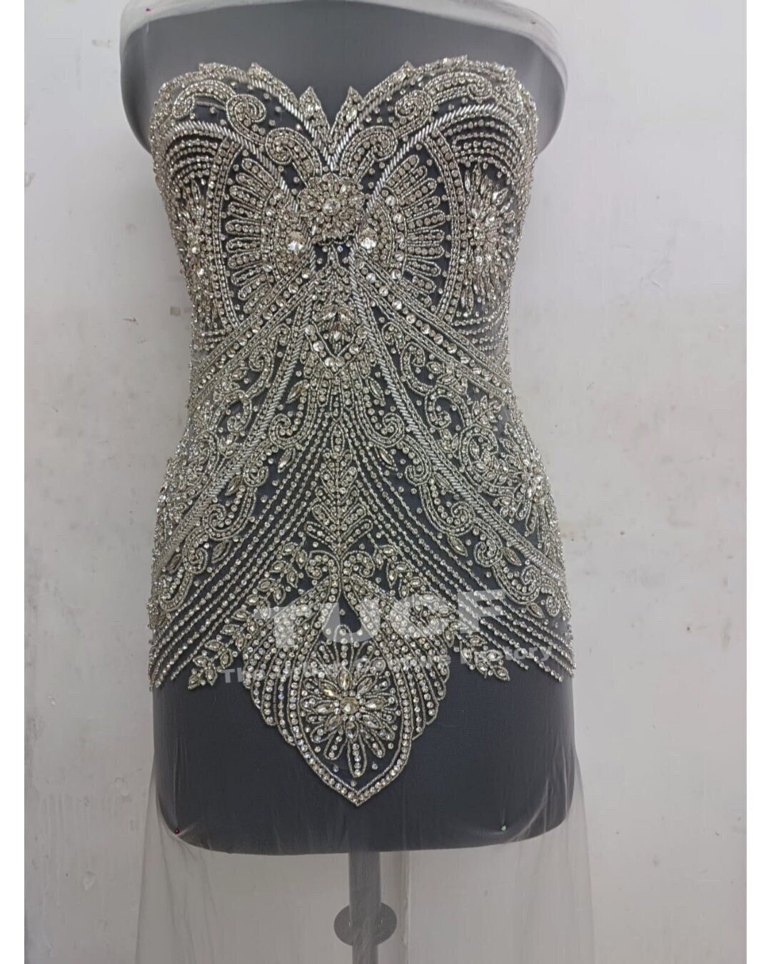 Super Sparkle Silver Clear Rhinestone Beaded on Bodice Front Applique ...