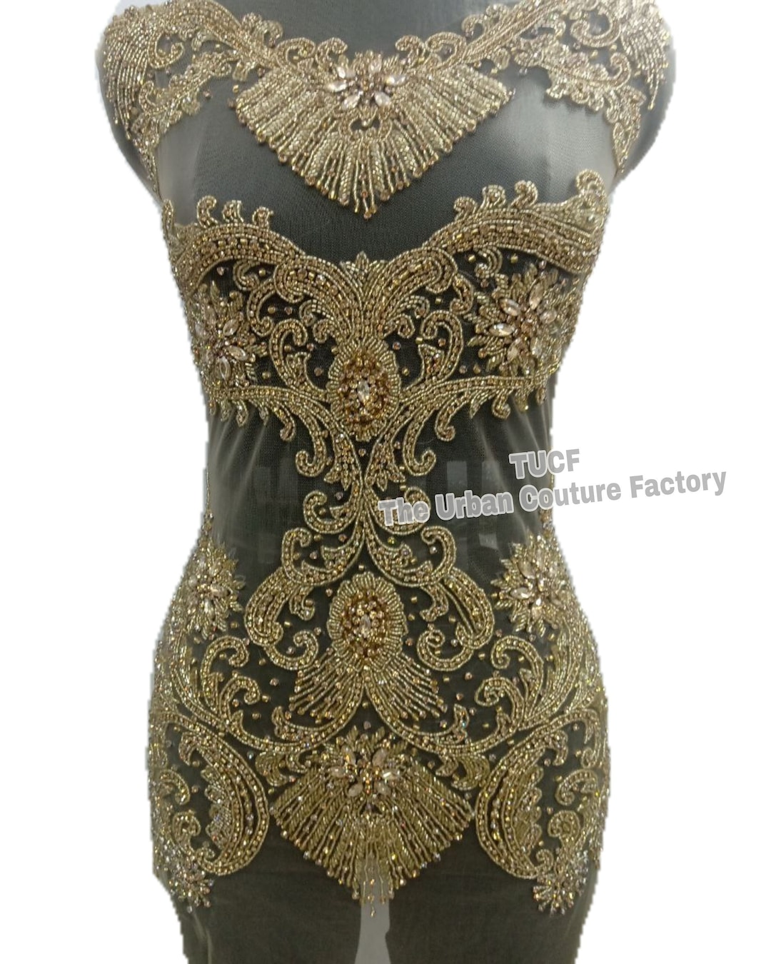 Unique Super Sparkling Gold Rhinestone Beaded on Bodice Front Applique ...