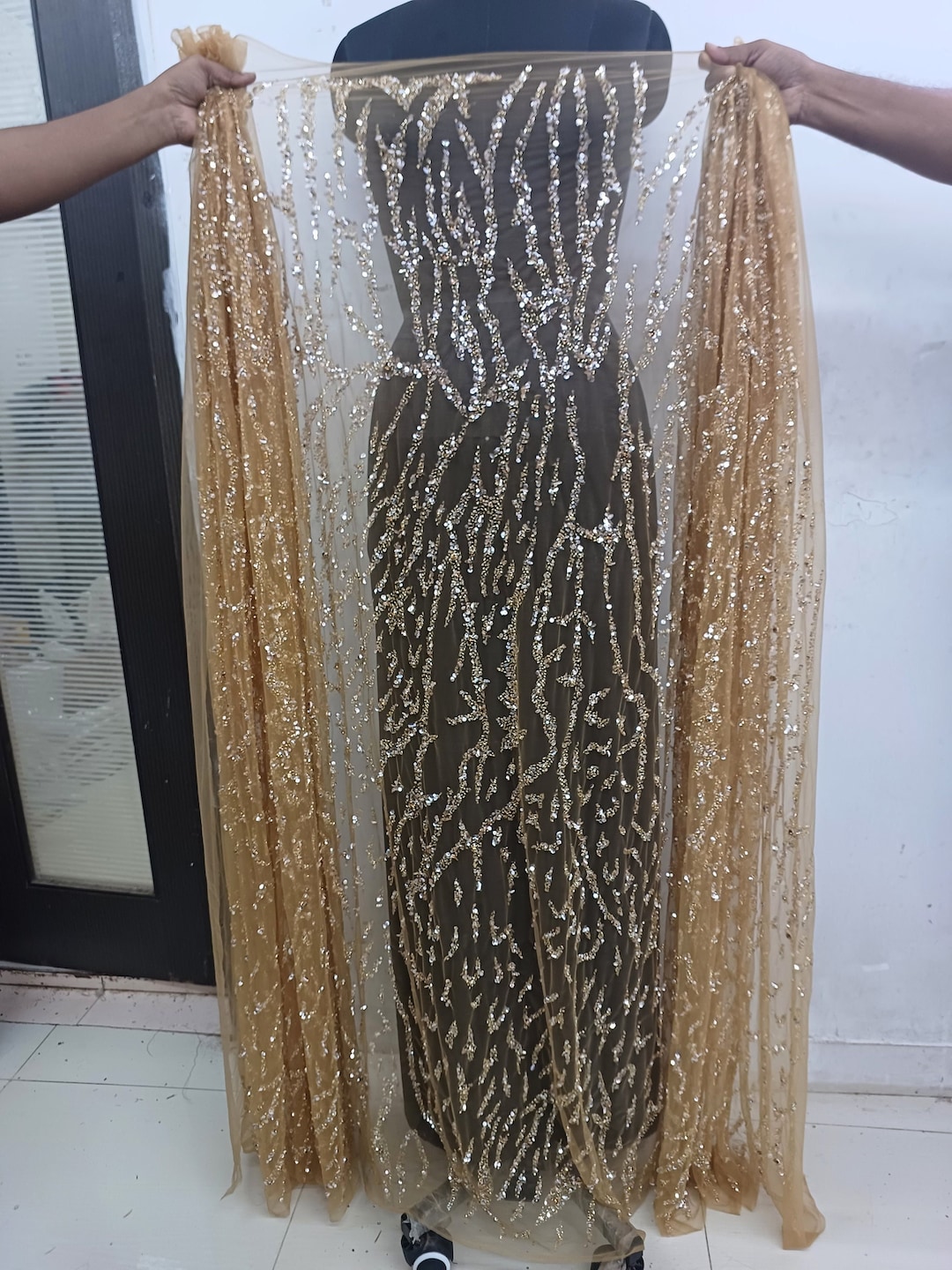 Gold Beaded Haute Couture Fabric: Rhinestone Sequin Bridal Dress ...