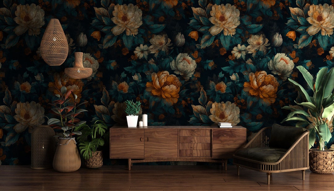 Dark Floral Peel and Stick Wallpaper: Canvas Flower Wall Mural - Etsy