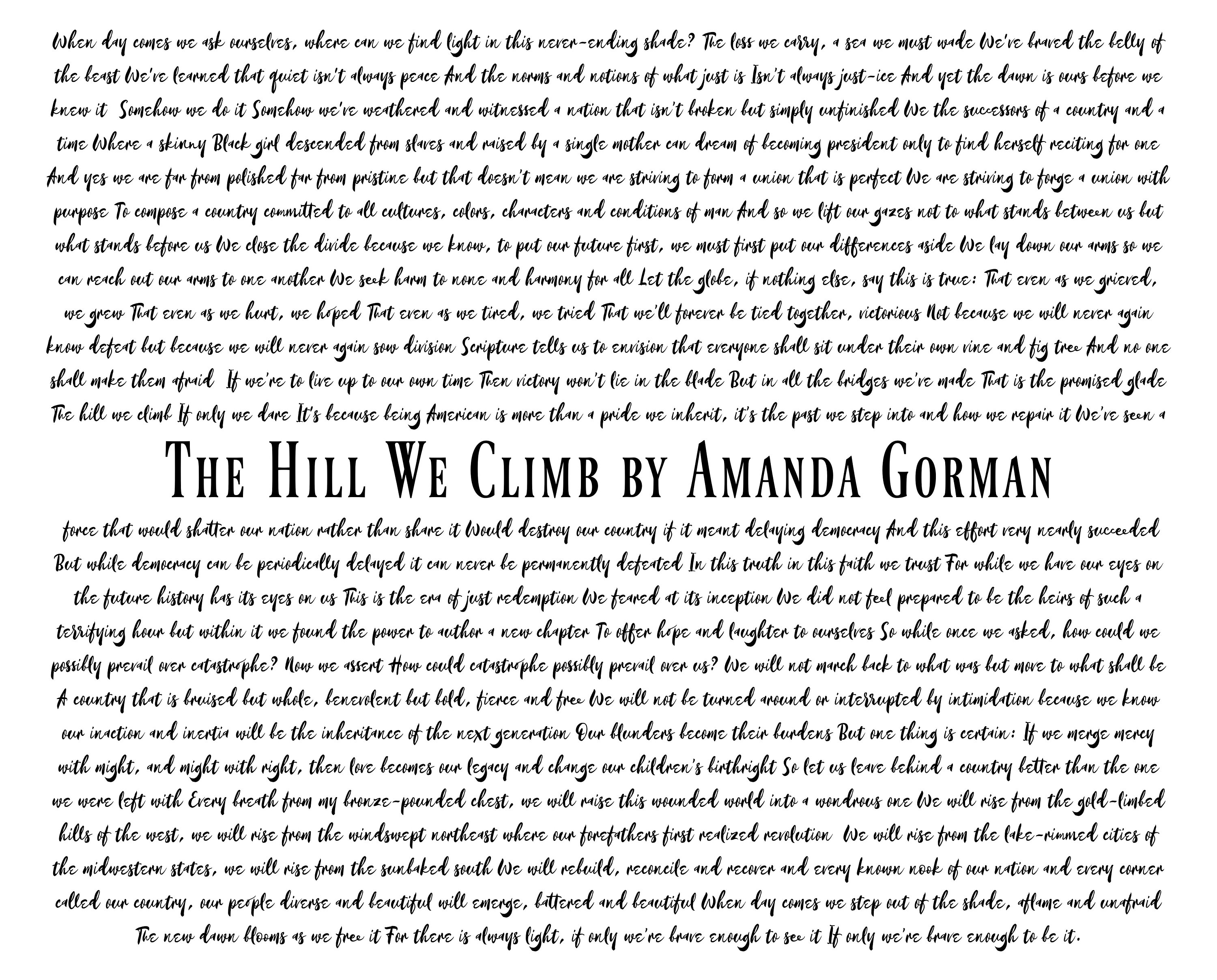The Hill We Climb Poem by Amanda Gorman Art Print DIGITAL DOWNLOAD ...