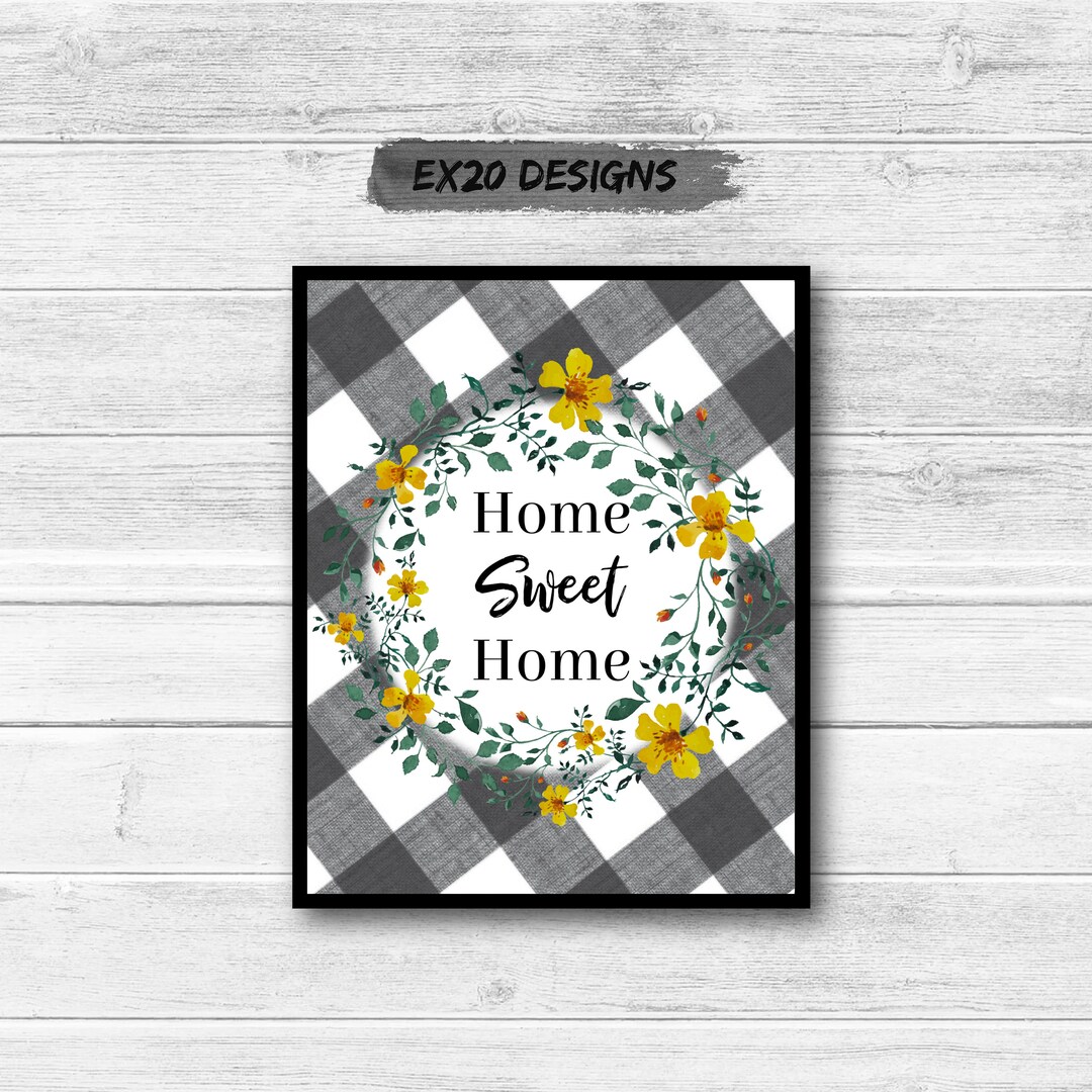 Home Sweet Home Art Print DIGITAL DOWNLOAD Floral Wreath, Black & White ...