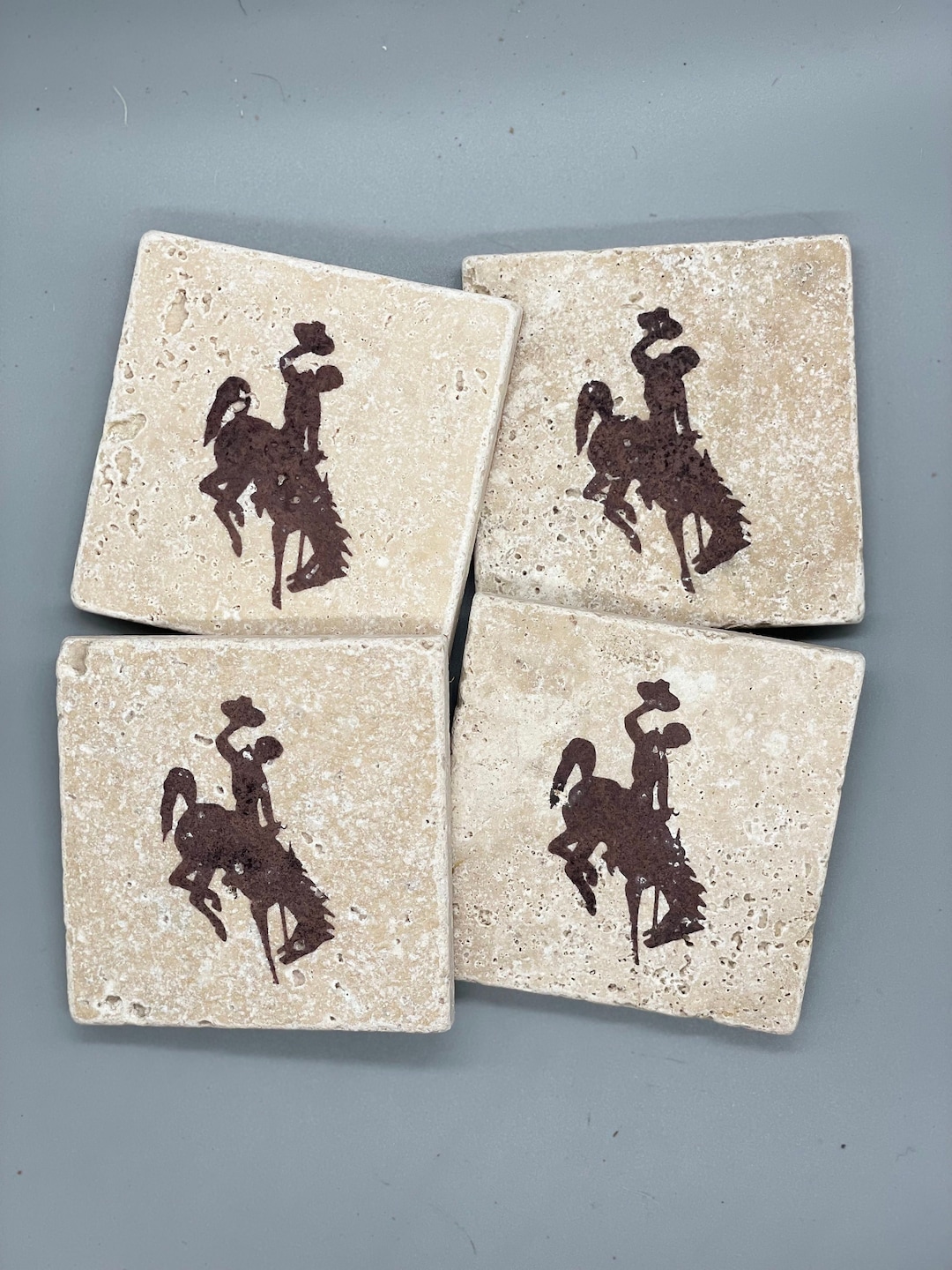 Handcrafted Rustic Tumbled Limestone Wyoming Bucking Horse Coasters W ...
