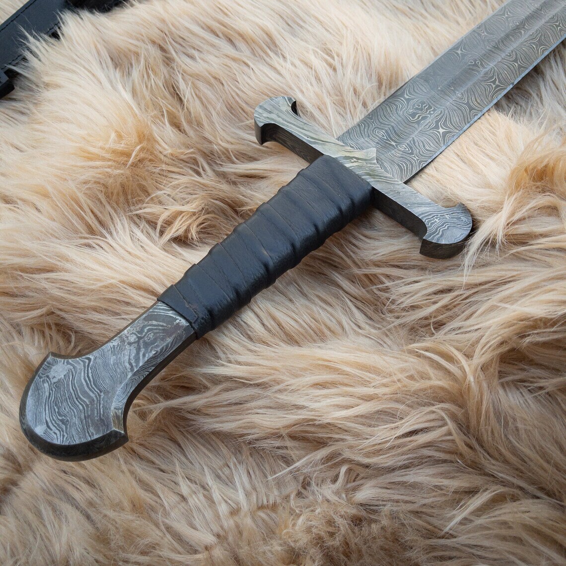Full Custom Handmade Damascus Sword With Leather Sheath, Battle Ready ...