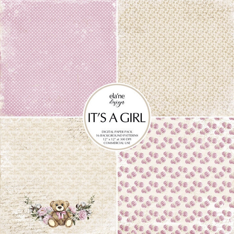 Baby Girl Digital Paper, Vintage Scrapbook Paper, Teddy Bear, Vintage ...