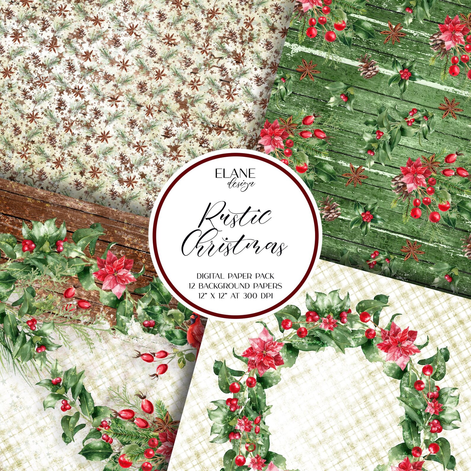 Rustic Christmas Digital Paper Printable Scrapbook Paper - Etsy