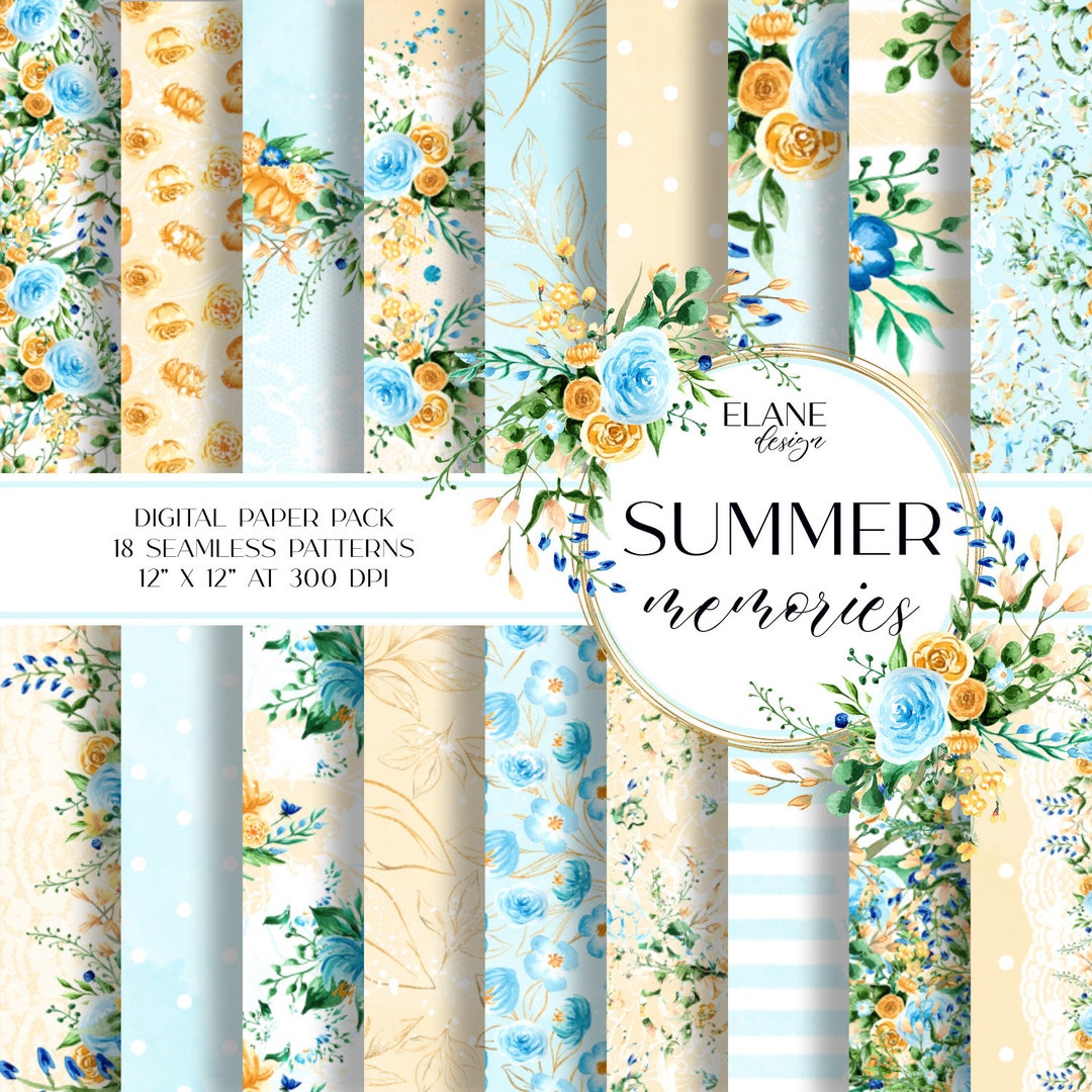 Summer Floral Digital Paper, Blue and Yellow Flower Print, Flowers ...
