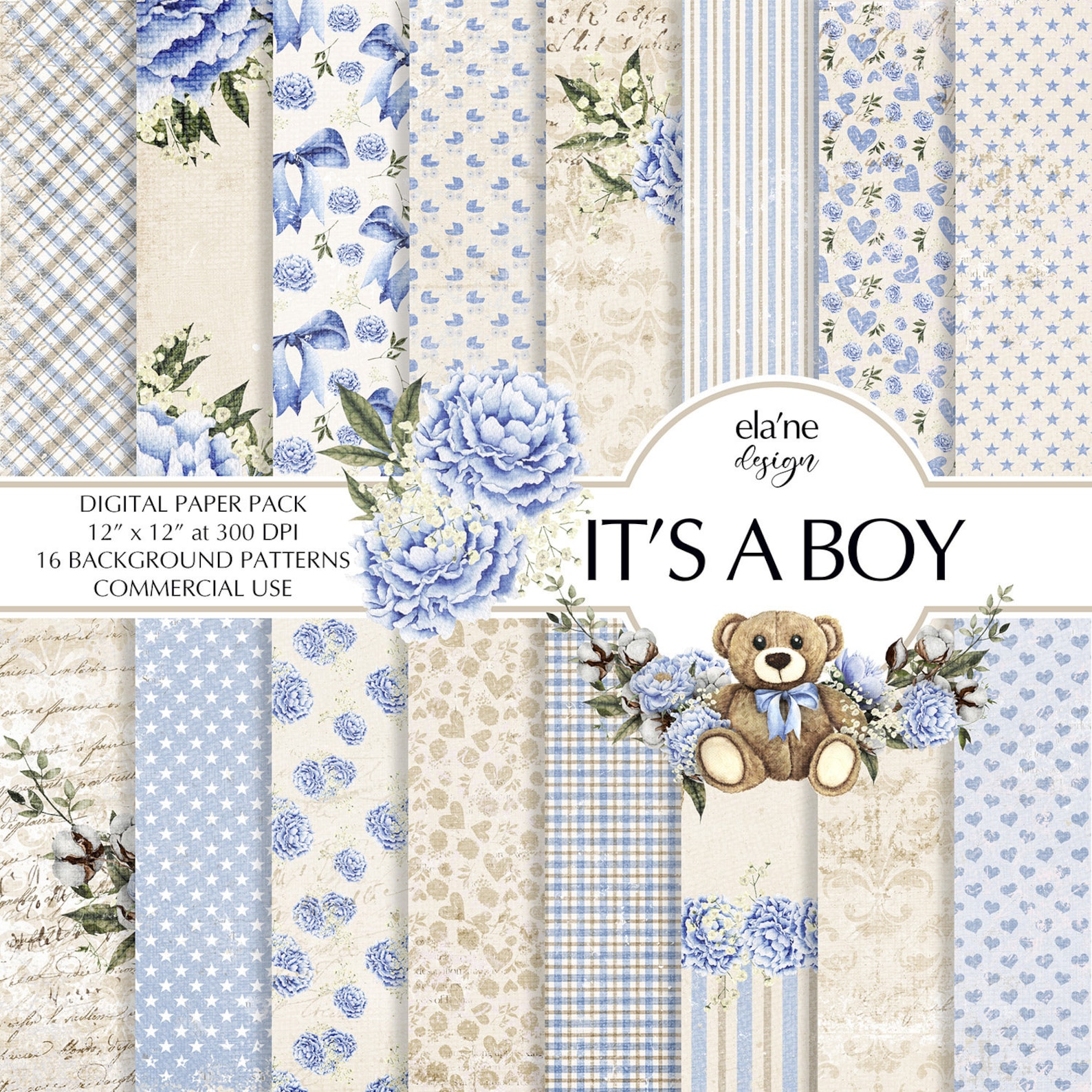 Baby Boy Digital Paper, Vintage Scrapbook Paper, Teddy Bear Download ...