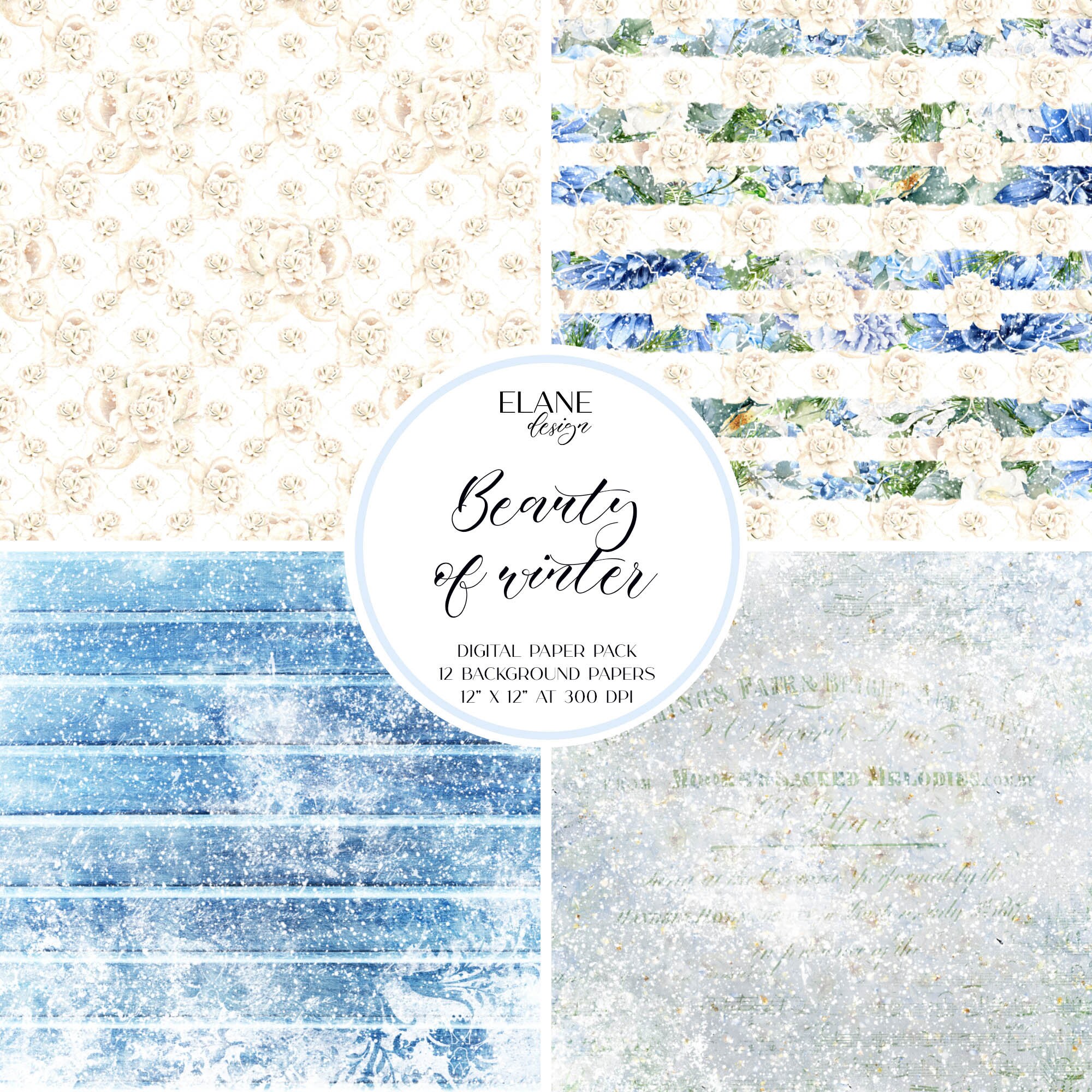 Winter Digital Paper, White Roses Digital Download, Christmas Digital ...