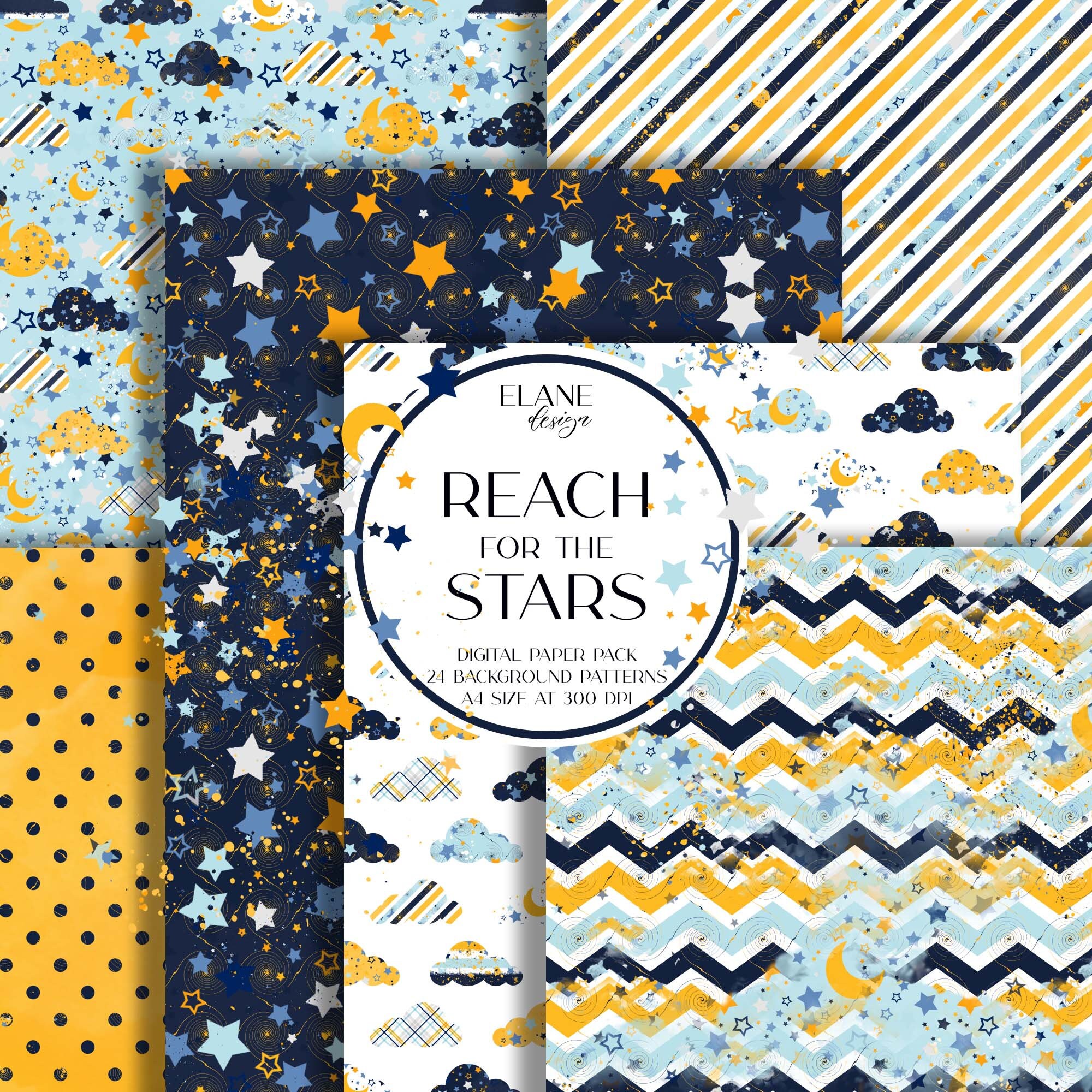 Stars Digital Paper, Starry Night Digital Background, Blue Yellow ...