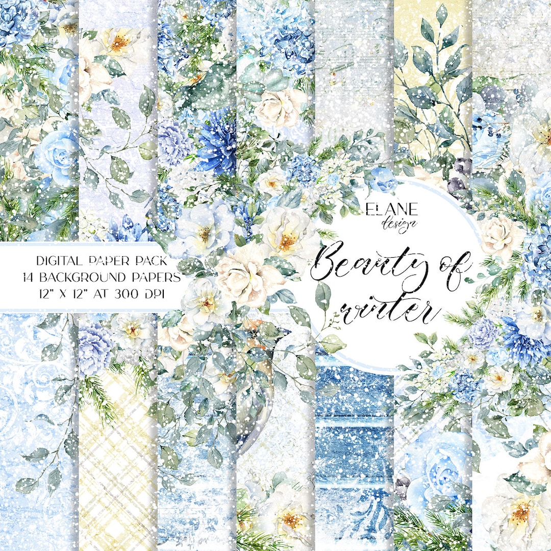 Blue Floral Digital Paper, Winter Digital Background, Blue Flowers ...