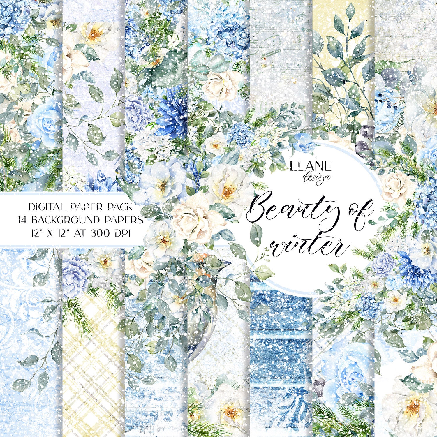 Blue Floral Digital Paper, Winter Digital Background, Blue Flowers ...