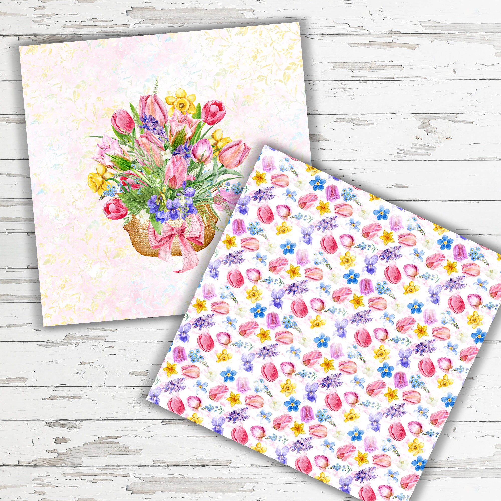 Spring Scrapbook Paper, Watercolor Spring Flowers, Tulips Digital Paper ...