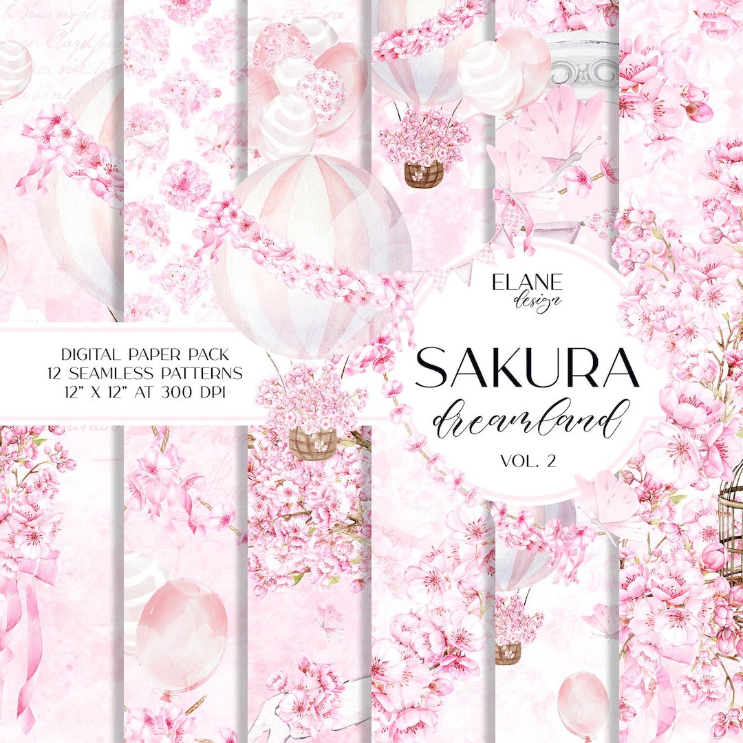 Cherry Blossom Digital Paper, Sakura Digital Paper, Hot Air Balloon ...