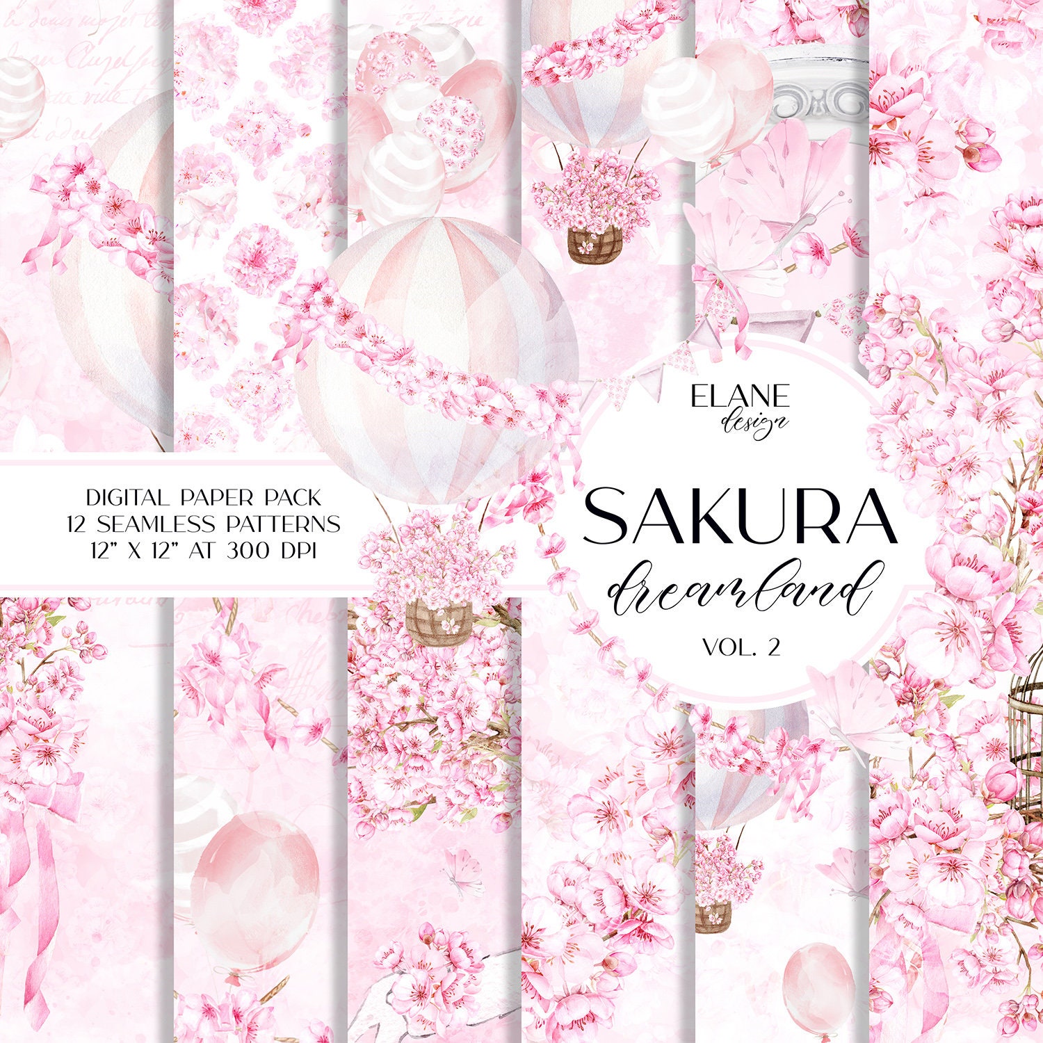 Cherry Blossom Digital Paper, Sakura Digital Paper, Hot Air Balloon ...