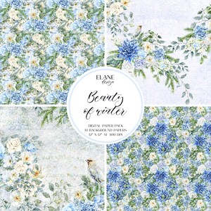 Blue Floral Digital Paper, Winter Digital Background, Blue Flowers ...