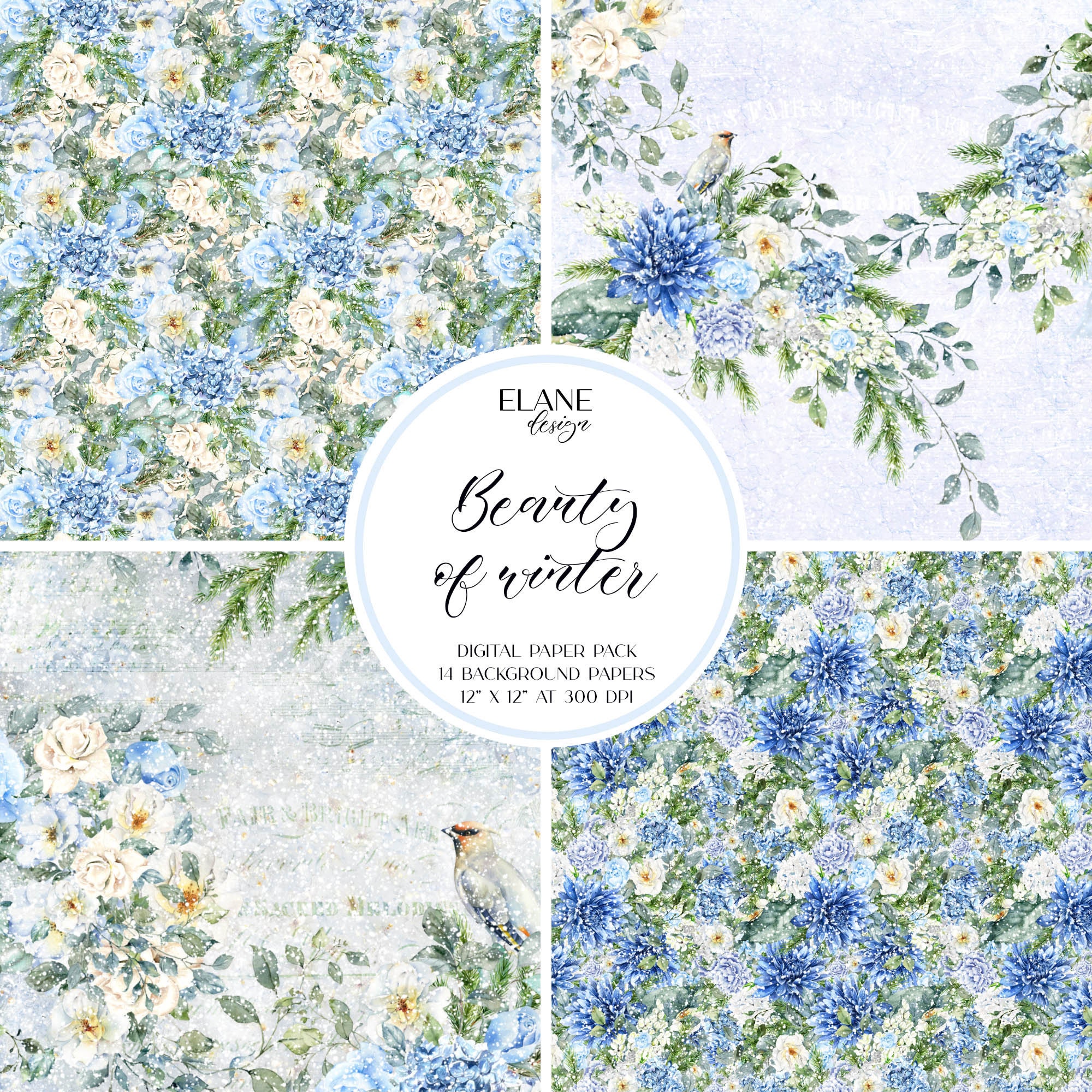 Blue Floral Digital Paper Winter Digital Background Blue - Etsy