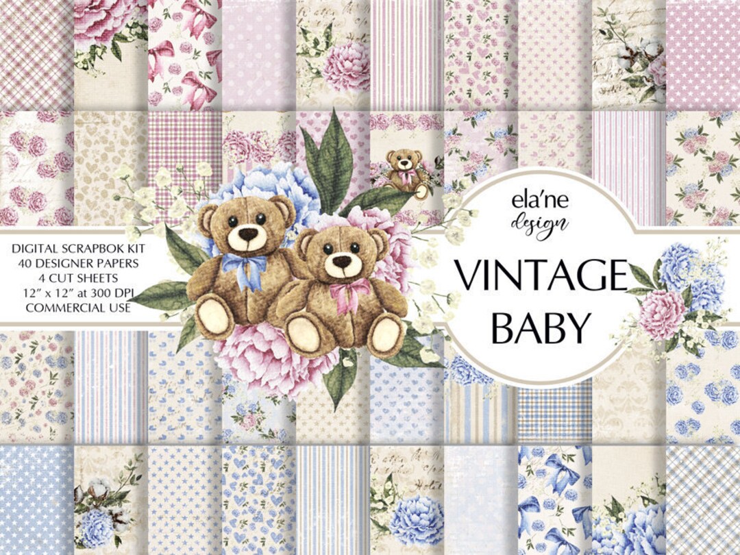 Baby Digital Paper, Vintage Baby Scrapbook Kit, Teddy Bear Watercolor ...