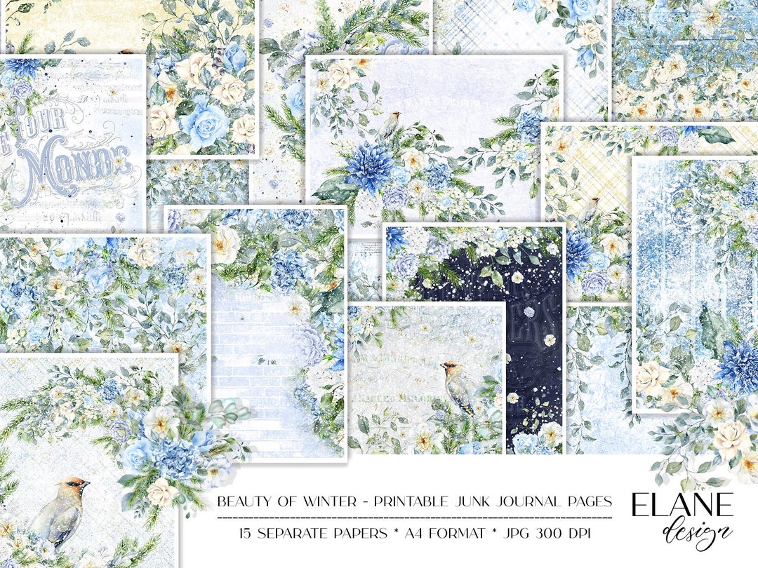 Christmas Printable Junk Journal, Blue Floral Digital Paper, Winter ...