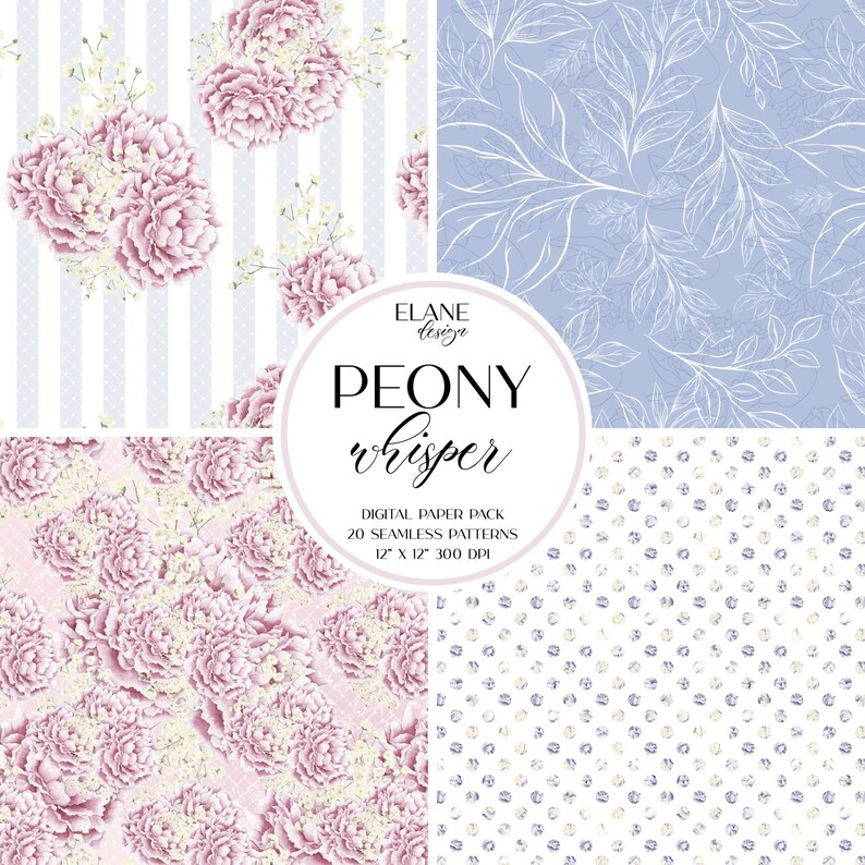 Peony Digital Paper, Floral Seamless File, Wedding Digital Paper, Blue ...