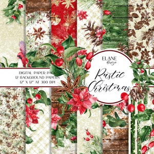 Rustic Christmas Digital Paper, Printable Scrapbook Paper, Christmas ...