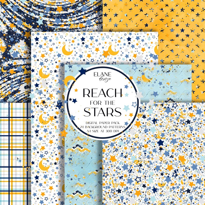 Stars Digital Paper, Starry Night Digital Background, Blue Yellow ...