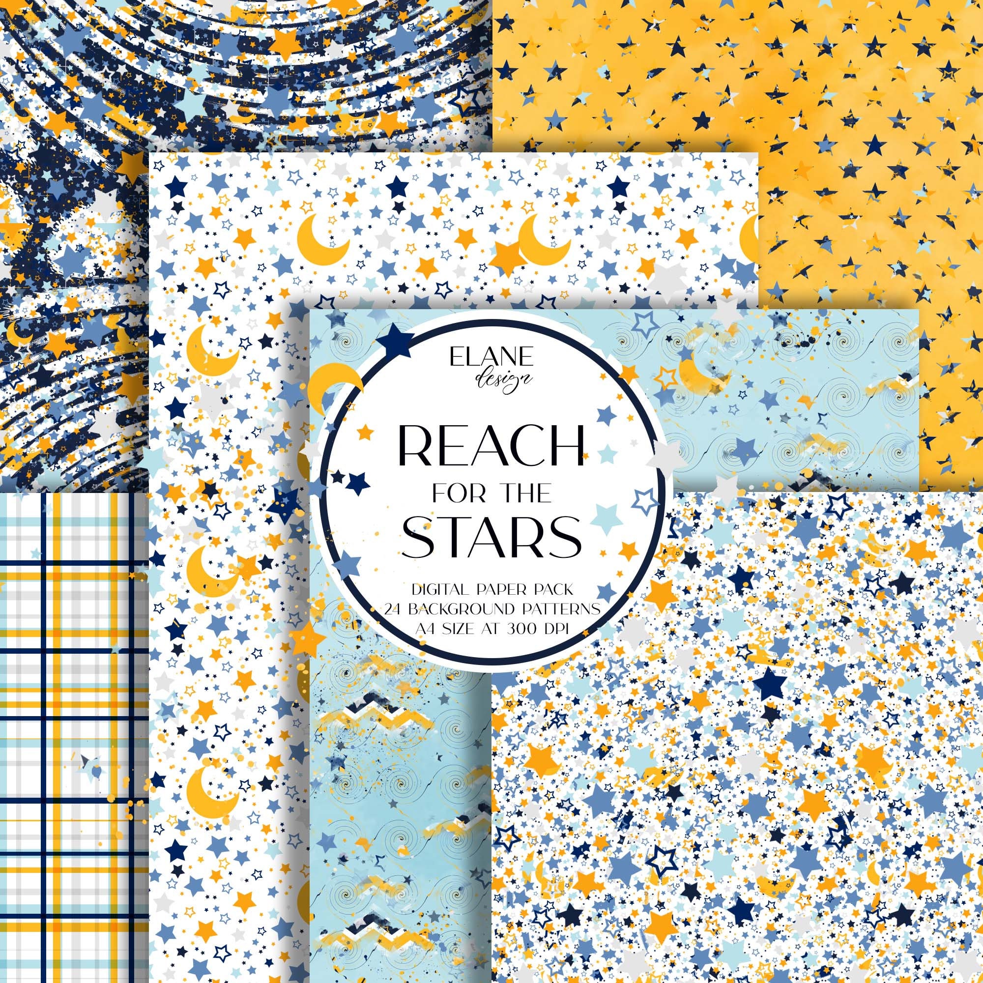 Stars Digital Paper, Starry Night Digital Background, Blue Yellow ...