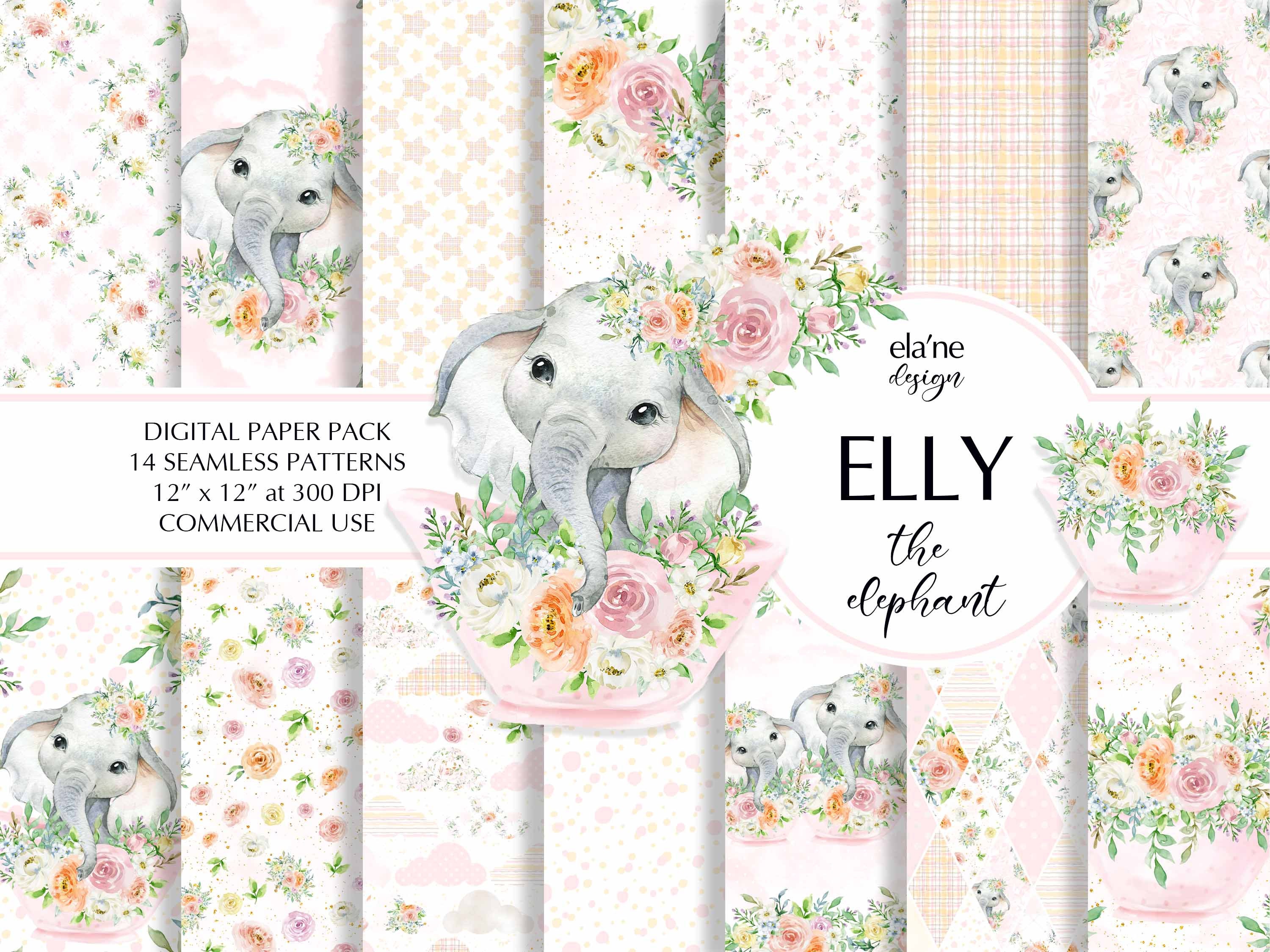 Baby Digital Paper, Baby Scrapbook Kit, Baby Elephant, Pink Blue Yellow ...