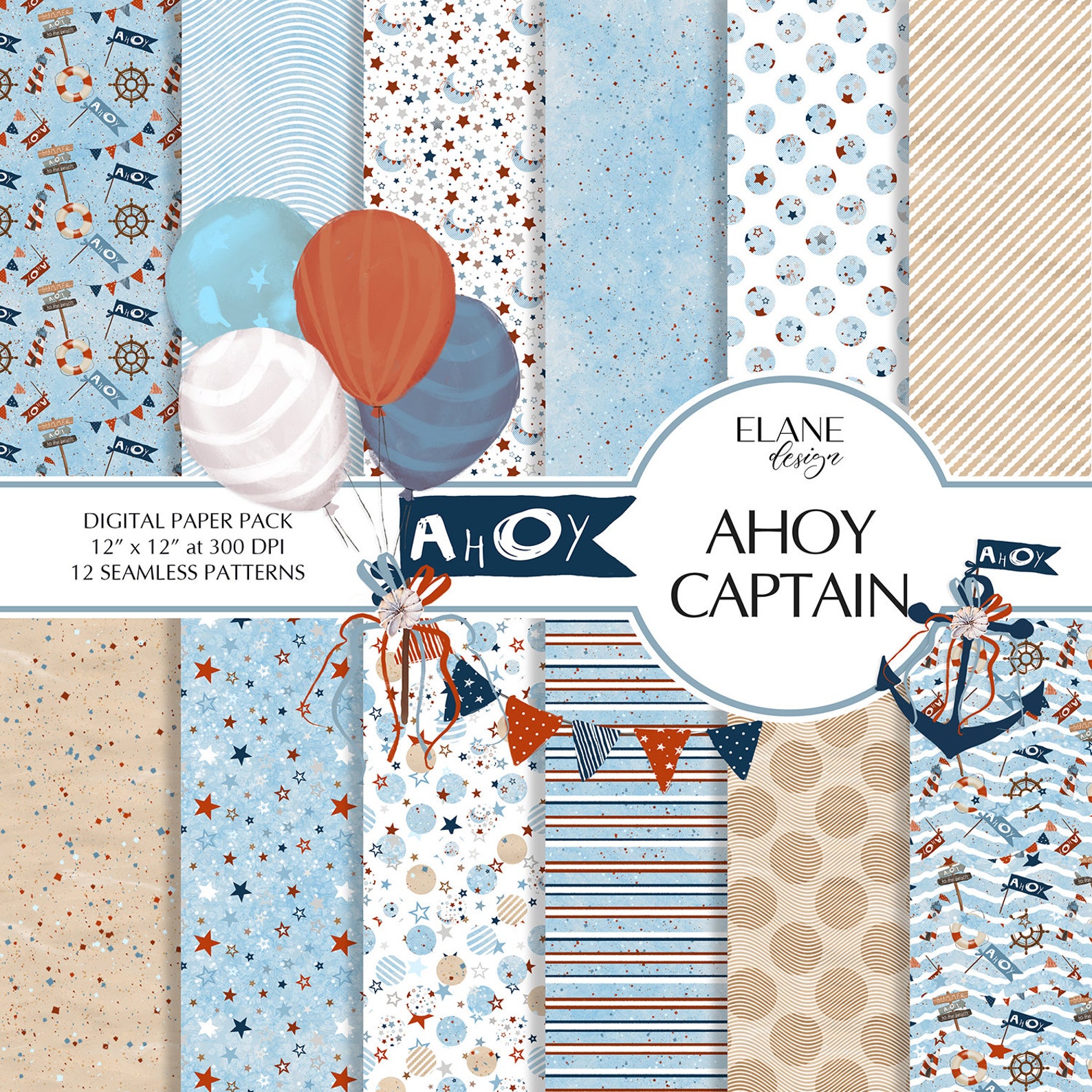 Nautical Digital Paper, Sea Nursery Decor, Boy Digital Paper, Nautical ...