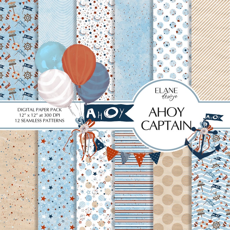 Nautical Digital Paper, Sea Nursery Decor, Boy Digital Paper, Nautical ...