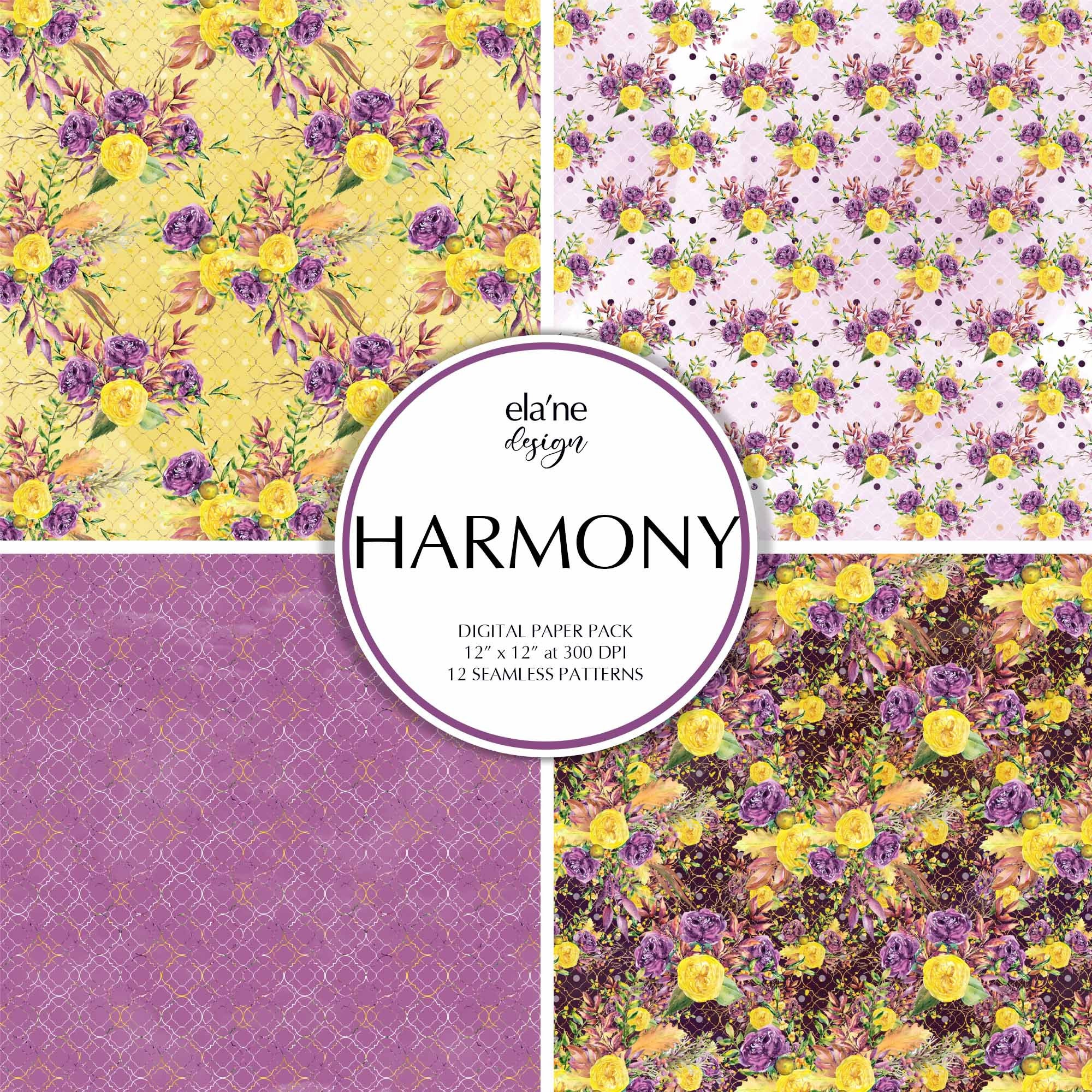 Floral Digital Paper, Flowers Seamless Pattern, Purple Yellow ...