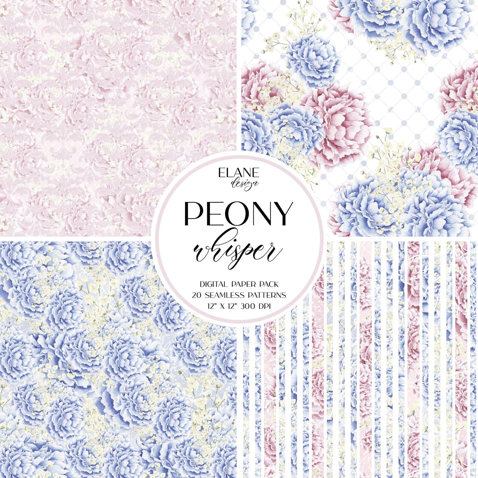 Peony Digital Paper, Floral Seamless File, Wedding Digital Paper, Blue ...