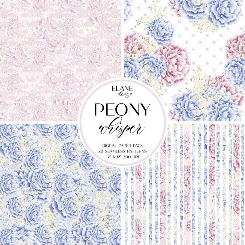 Peony Digital Paper, Floral Seamless File, Wedding Digital Paper, Blue ...