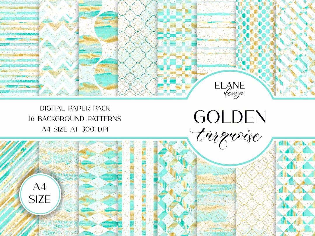 Turquoise Gold Glitter Digital Paper, Printable Junk Journal Kit, Teal ...