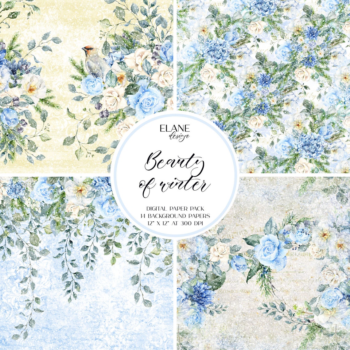 Blue Floral Digital Paper Winter Digital Background Blue - Etsy