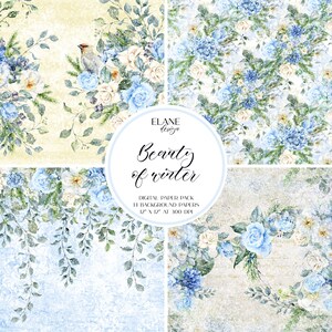 Blue Floral Digital Paper, Winter Digital Background, Blue Flowers ...