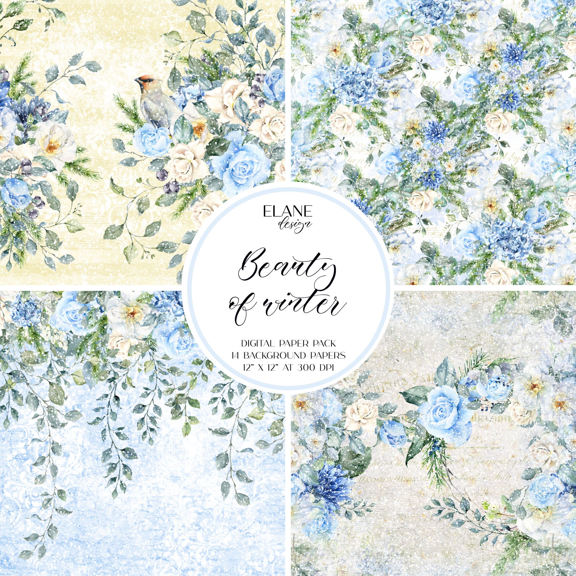 Blue Floral Digital Paper, Winter Digital Background, Blue Flowers ...