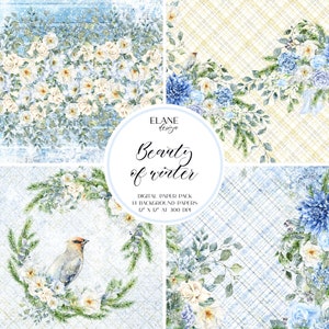 Blue Floral Digital Paper, Winter Digital Background, Blue Flowers ...