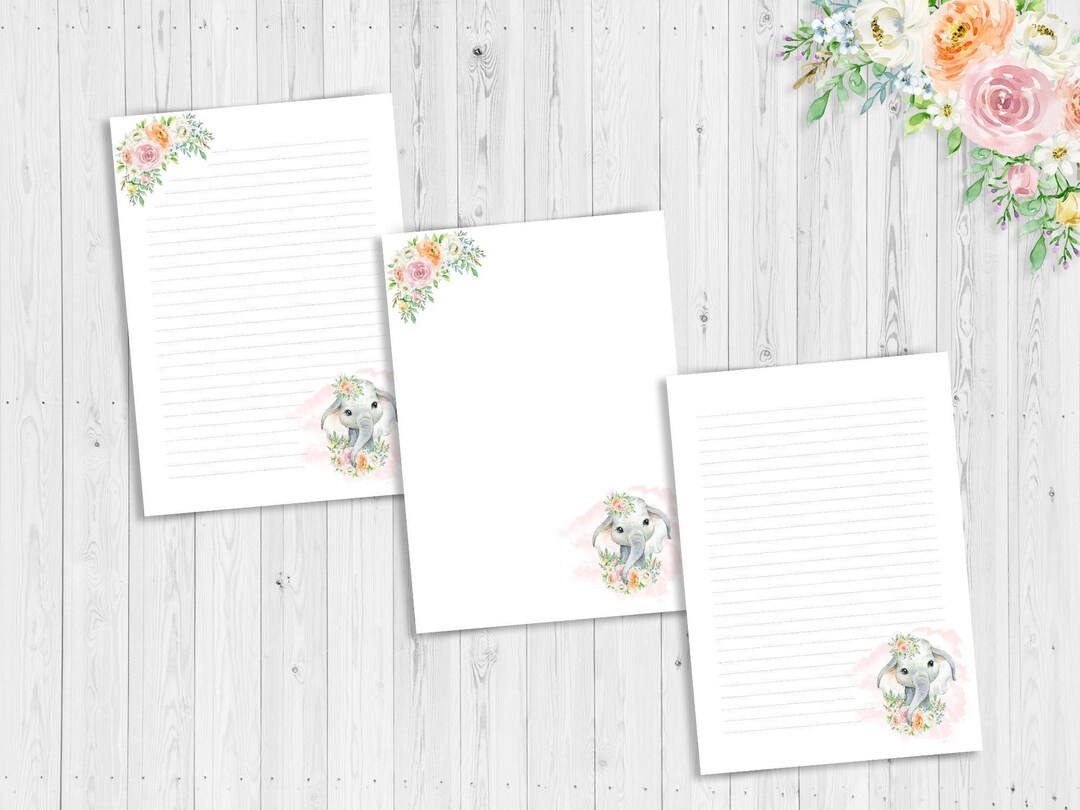 Printable Stationery, Baby Elephant Girl, Floral Stationery, Printable ...