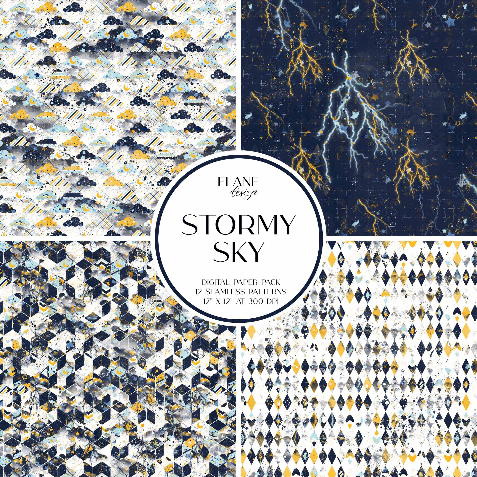 Stormy Skies, Lightning Bolt Seamless Pattern, Night Sky Digital Paper ...