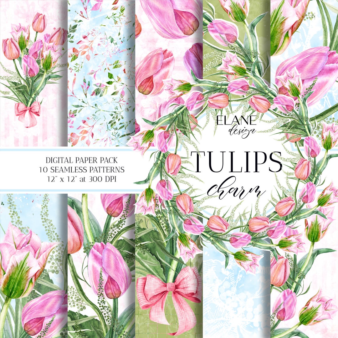 Tulips Digital Paper, Spring Scrapbook Paper, Floral Planner Stickers ...