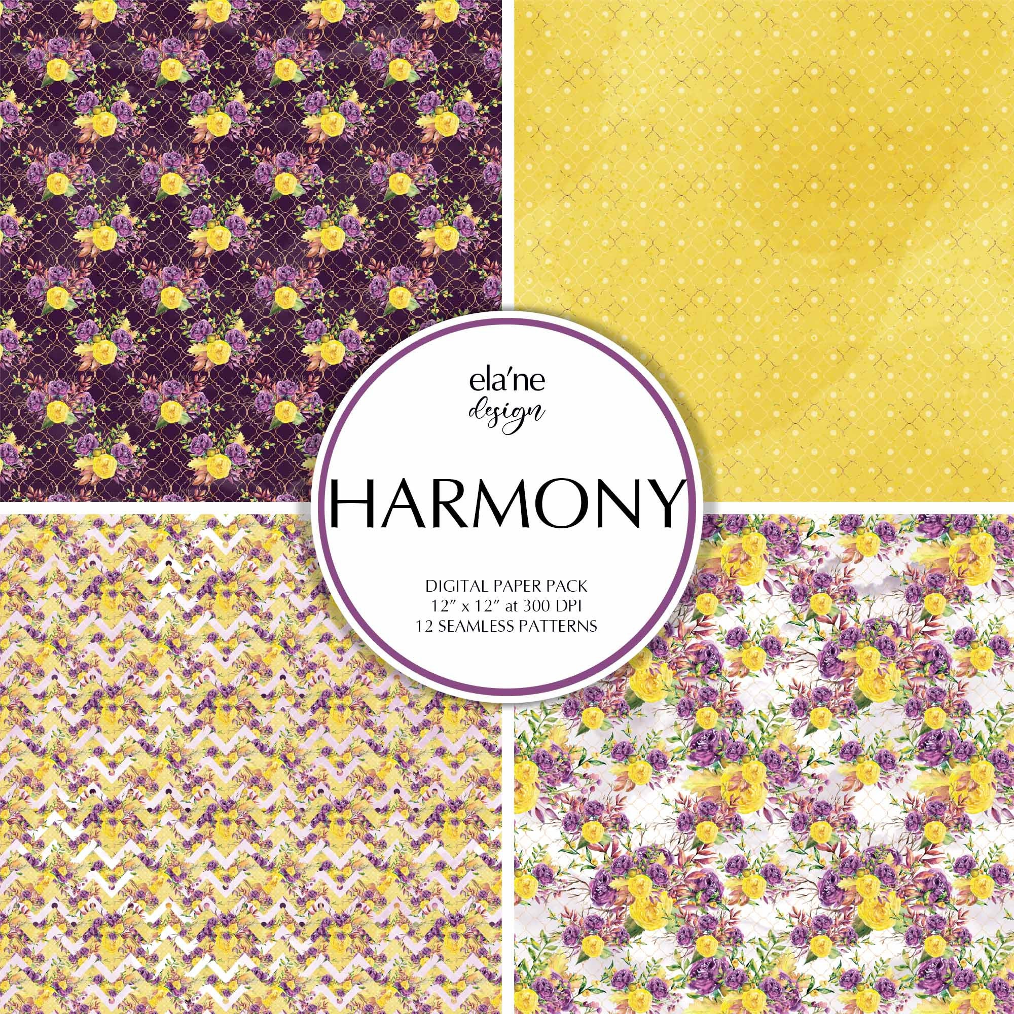 Floral Digital Paper, Flowers Seamless Pattern, Purple Yellow ...
