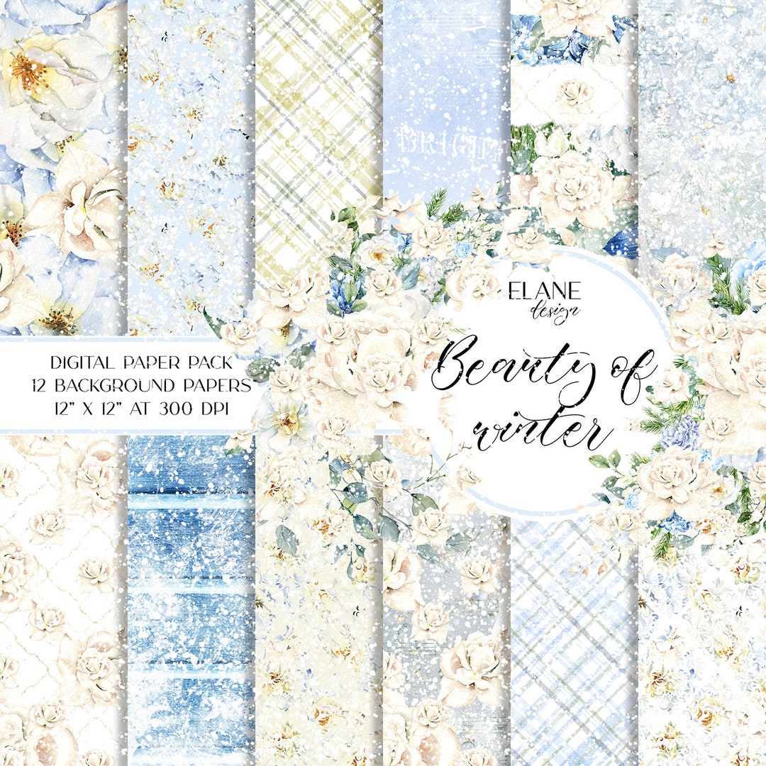 Winter Digital Paper, White Roses Digital Download, Christmas Digital ...