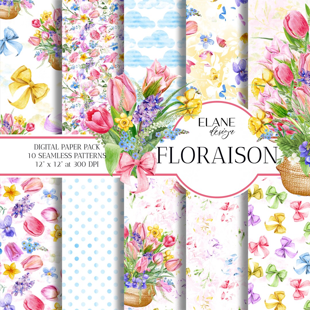 Spring Scrapbook Paper, Watercolor Spring Flowers, Tulips Digital Paper ...
