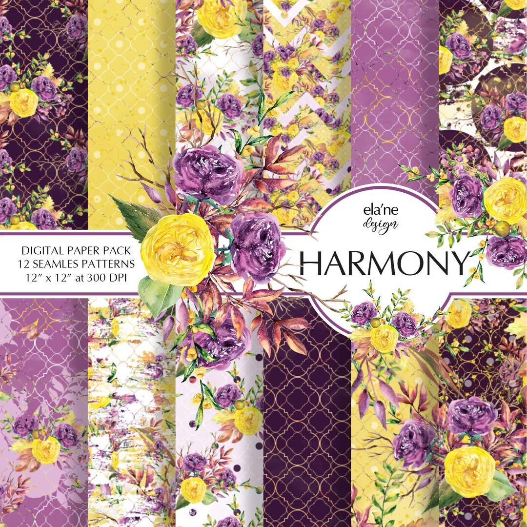 Floral Digital Paper, Flowers Seamless Pattern, Purple Yellow ...