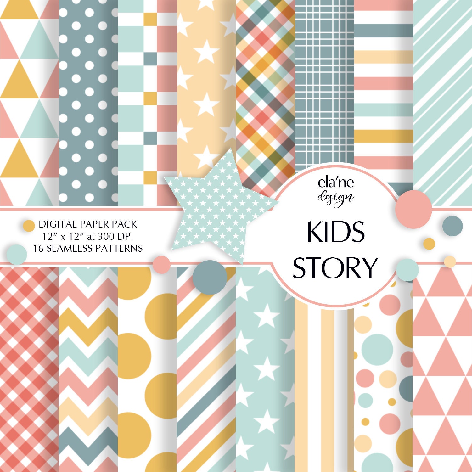 Kids Digital Paper, Children Seamless Pattern, Blue and Yellow Digital ...