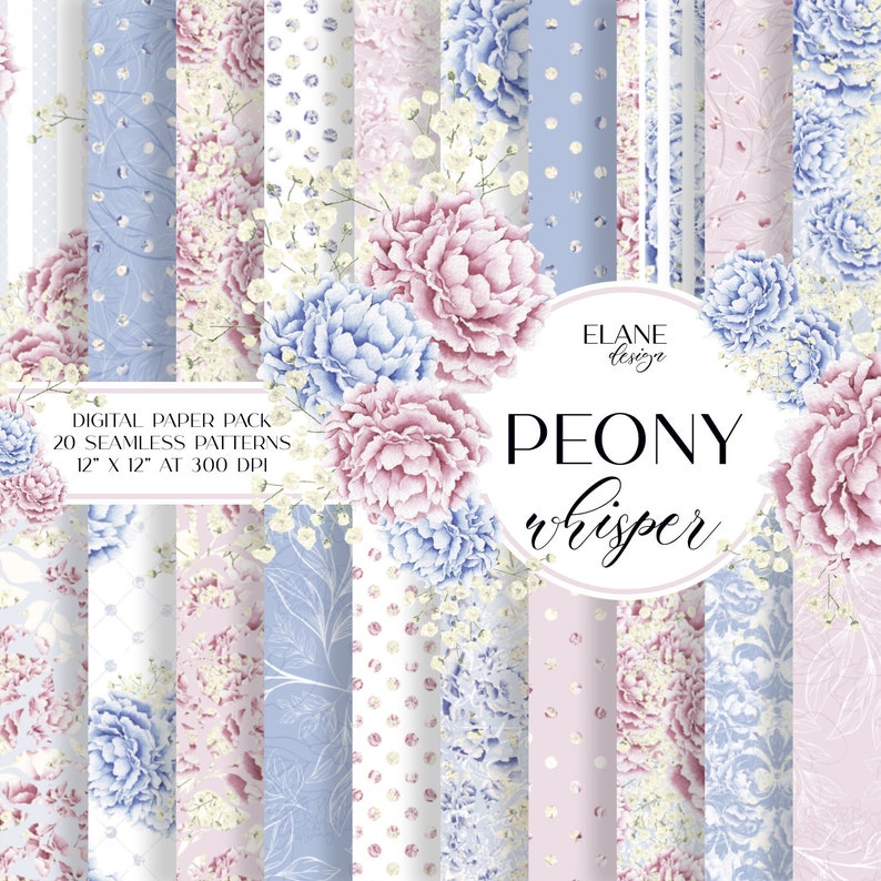 Peony Digital Paper, Floral Seamless File, Wedding Digital Paper, Blue ...