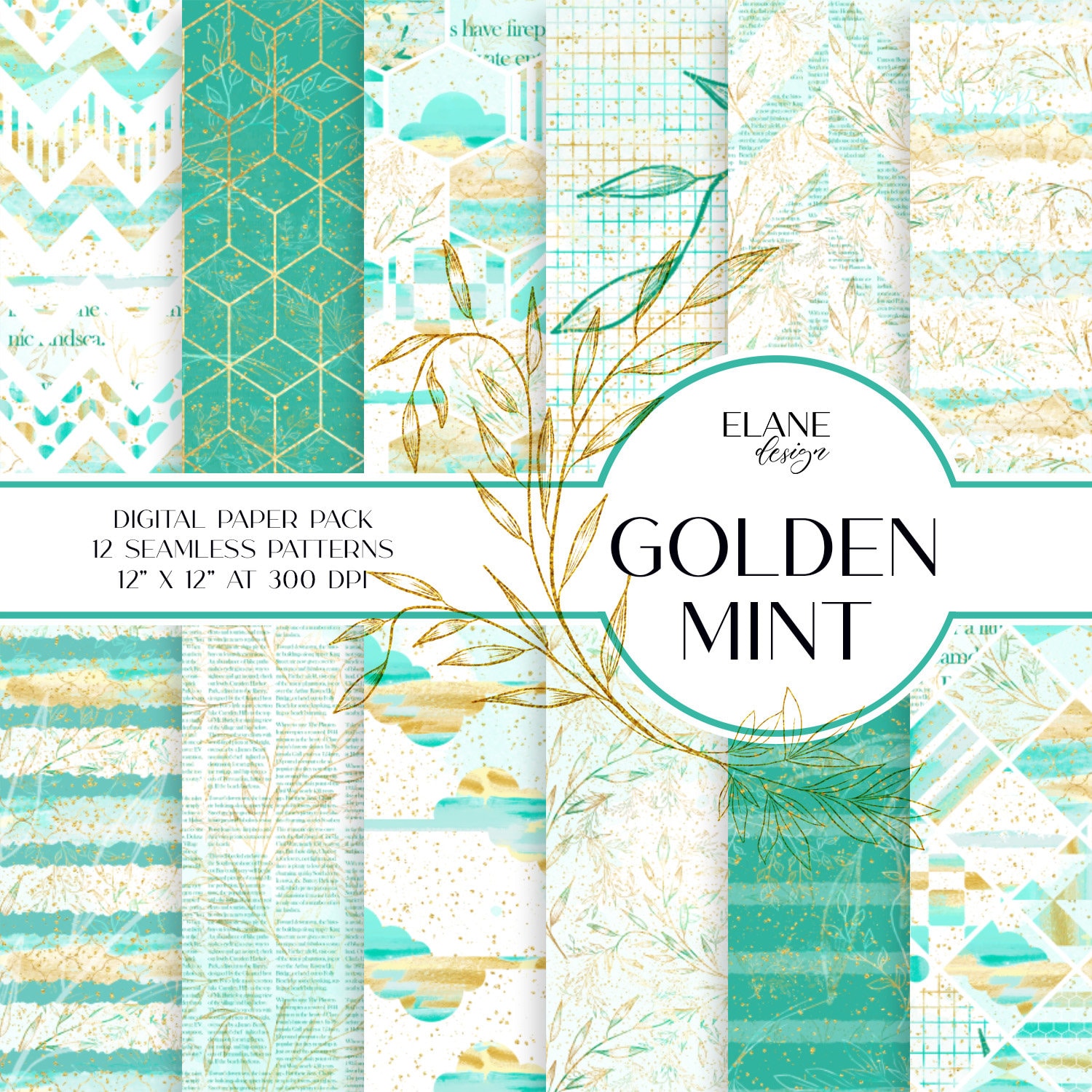 Emerald Green Digital Paper, Green Gold Wallpaper, Mint Digital ...