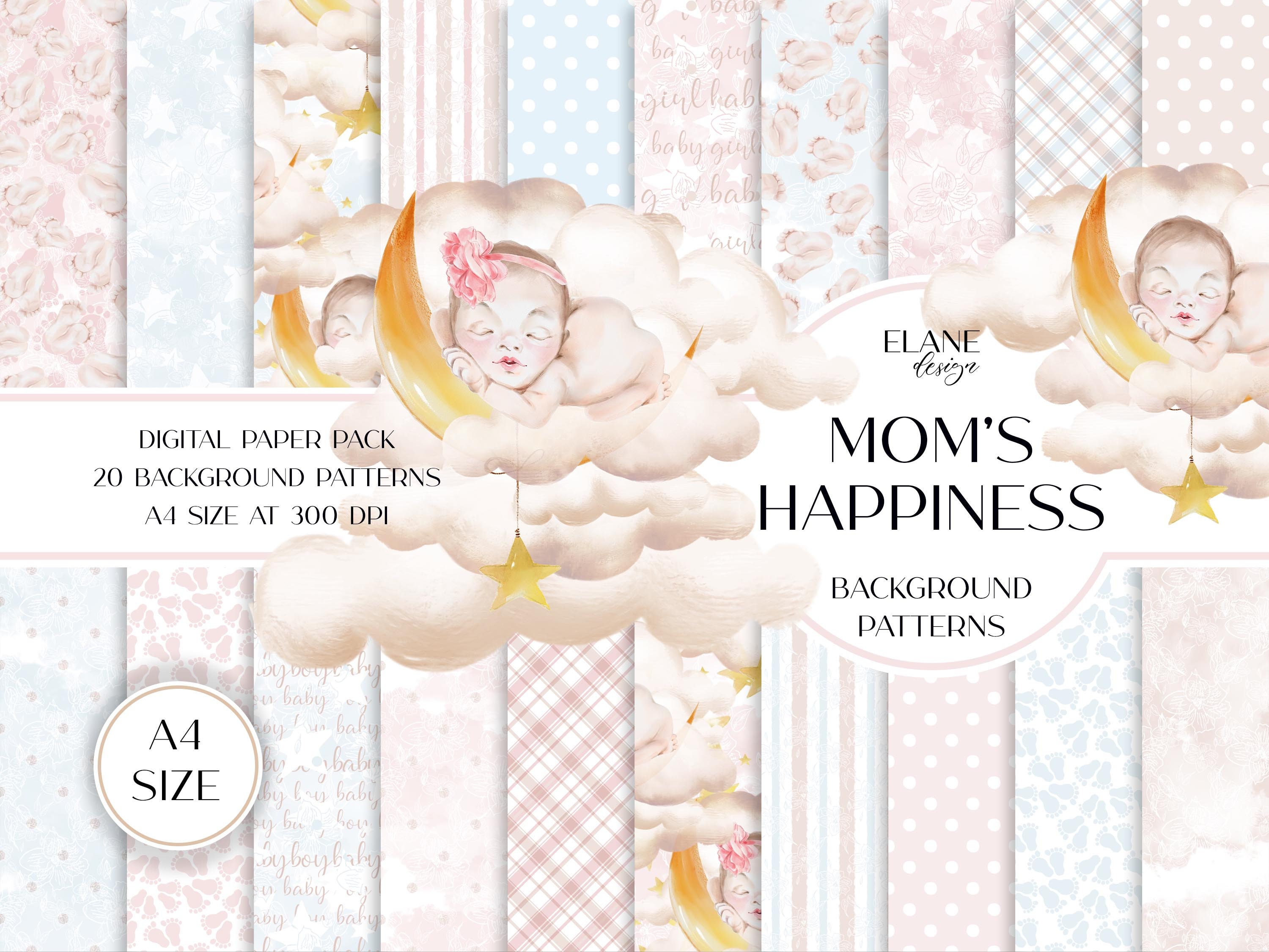 Baby Digital Paper, Newborn Digital Background, Baby Moon and Stars ...